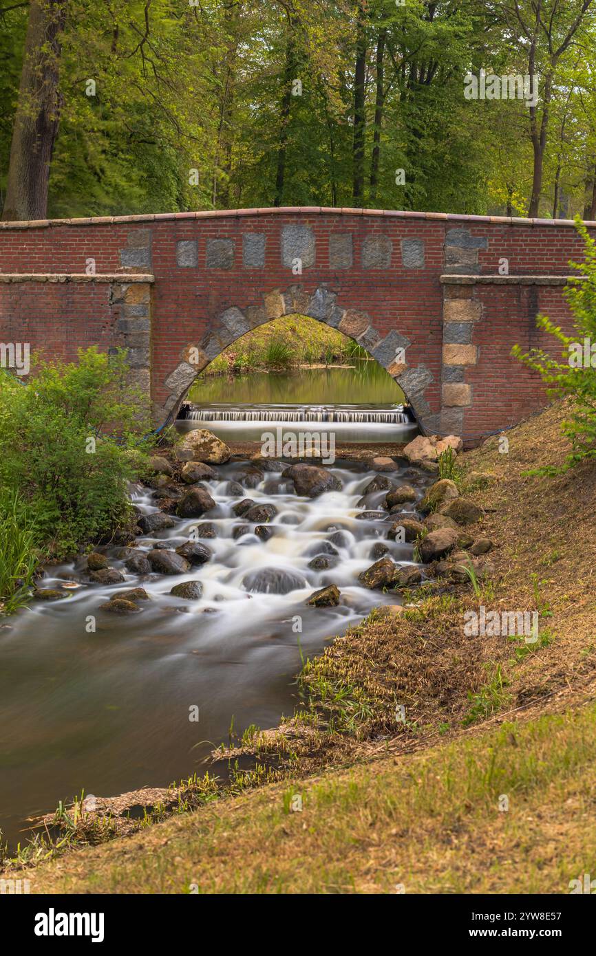 Serene Cascading Stream Flowing Through Scenic Stone Arch Bridge Stock ...