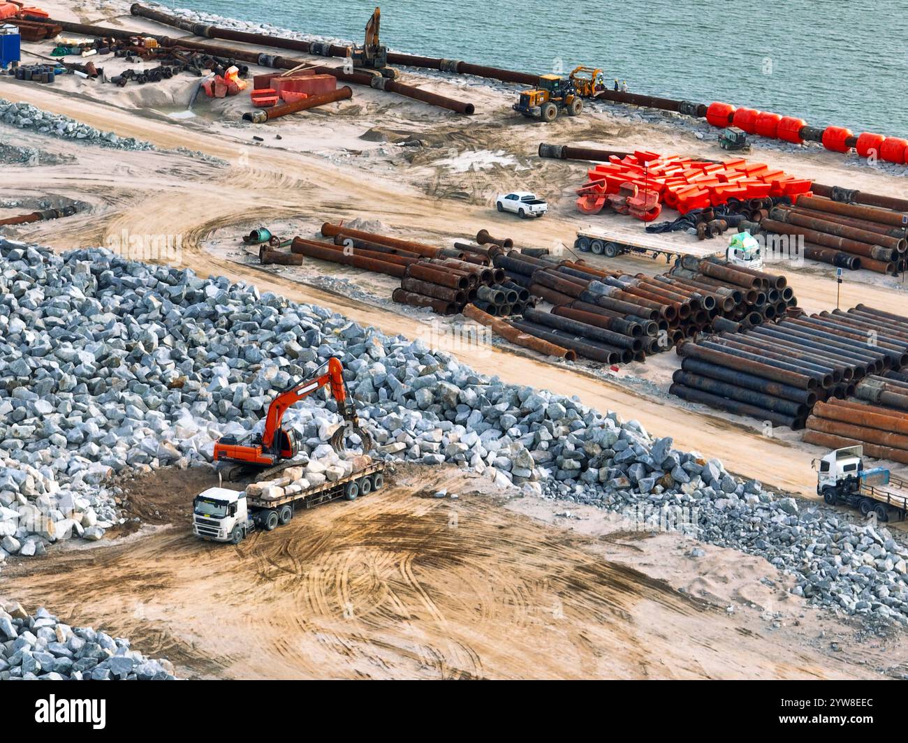 Construction progress on shipping port terminal through land ...