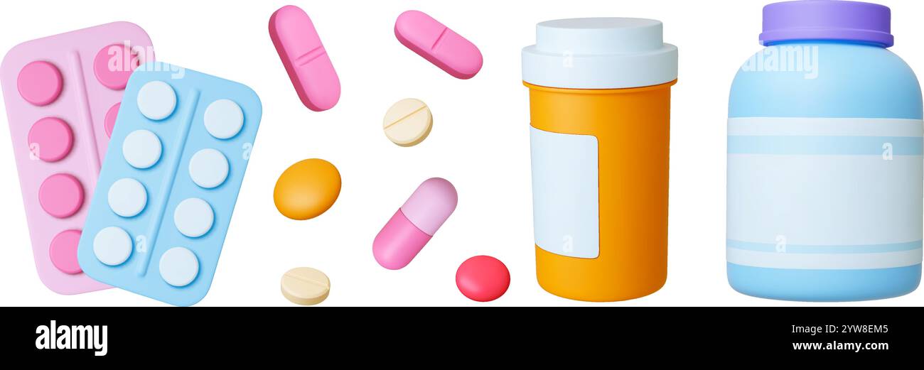 Pills 3d elements. Tablets, drugs plastic bottles and packaging ...