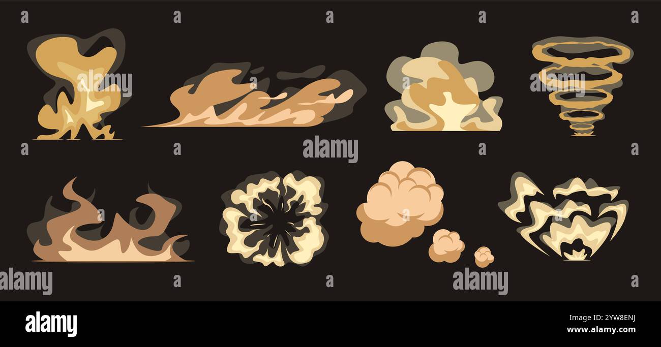 Cartoon dust clouds. Swirling roads dirt fog. Brown smoke effects ...