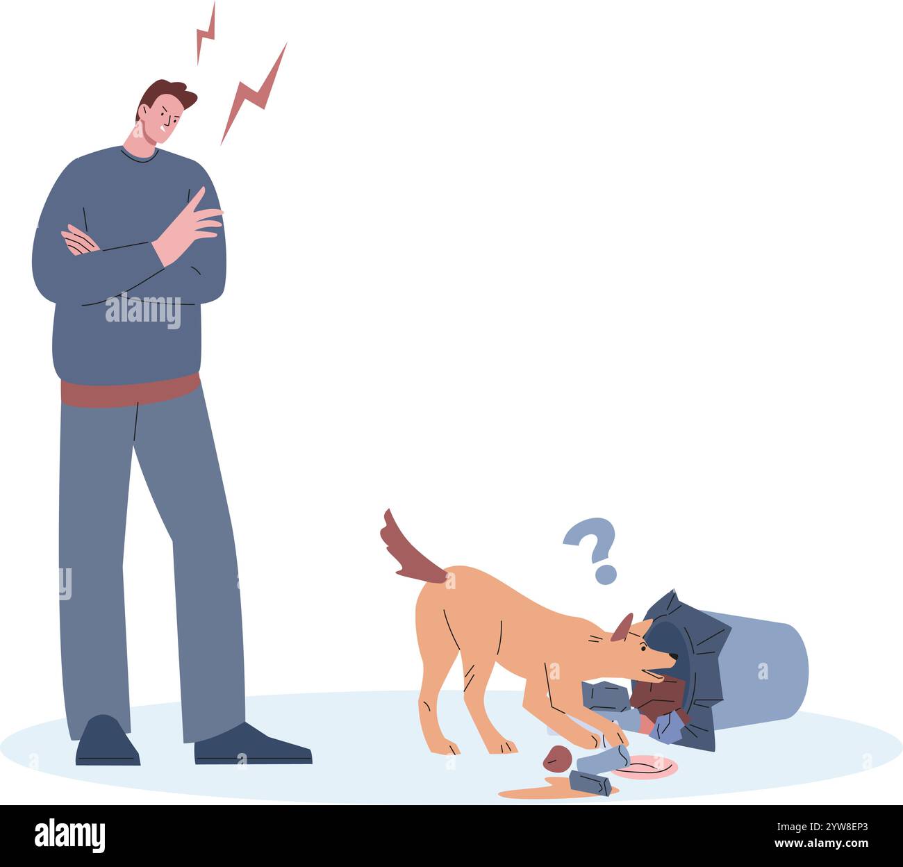 Owner is angry with dog. Puppy gutted trash can, pulled waste out on ...