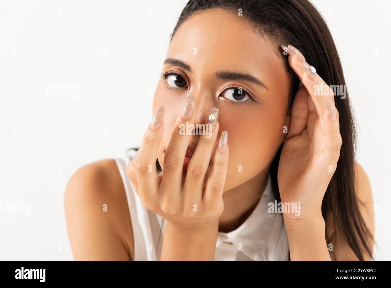 Half-woman with a melancholy look on her face Stock Photo - Alamy