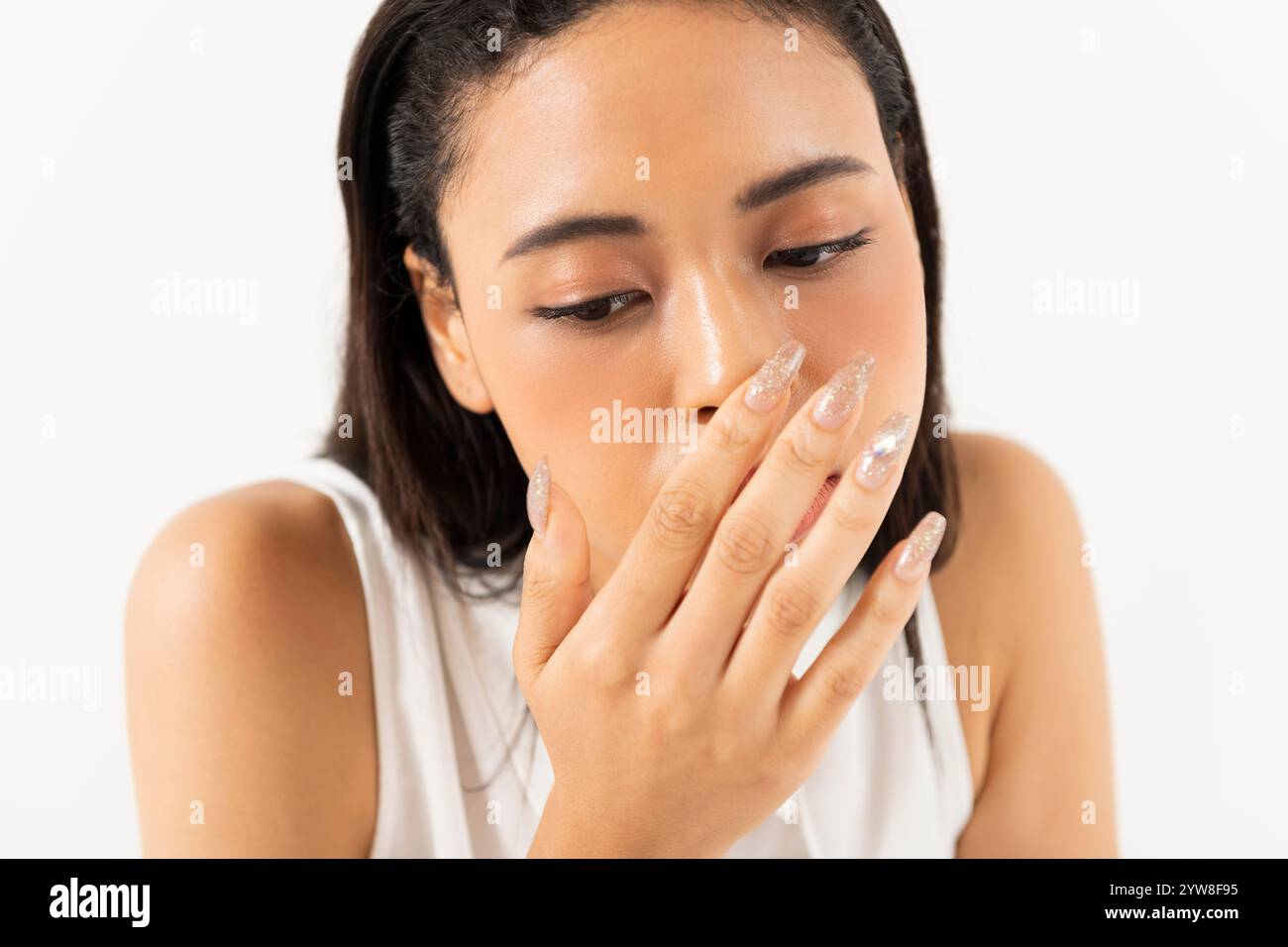 Half-woman with a melancholy look on her face Stock Photo - Alamy