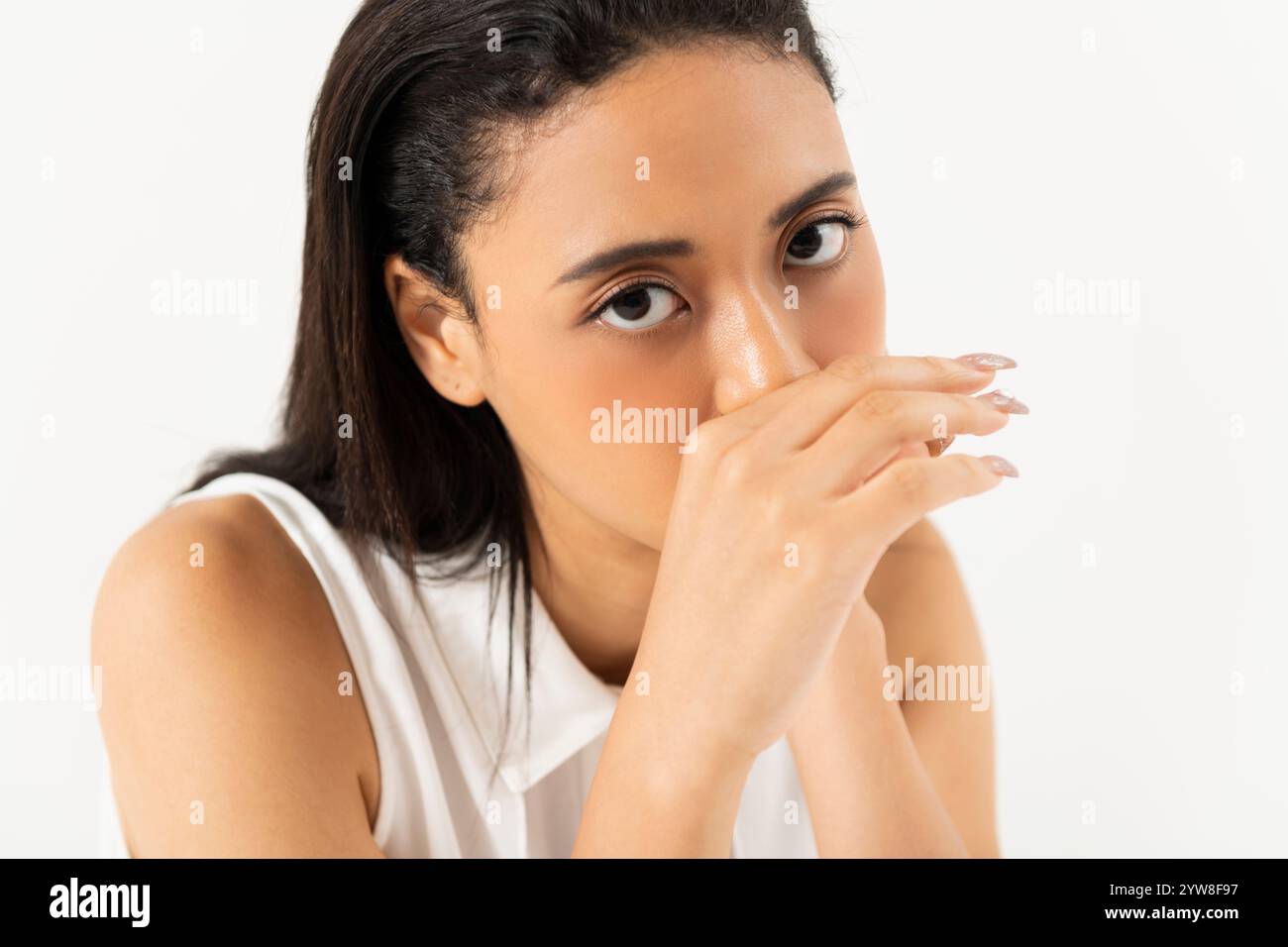 Half-woman with a melancholy look on her face Stock Photo - Alamy