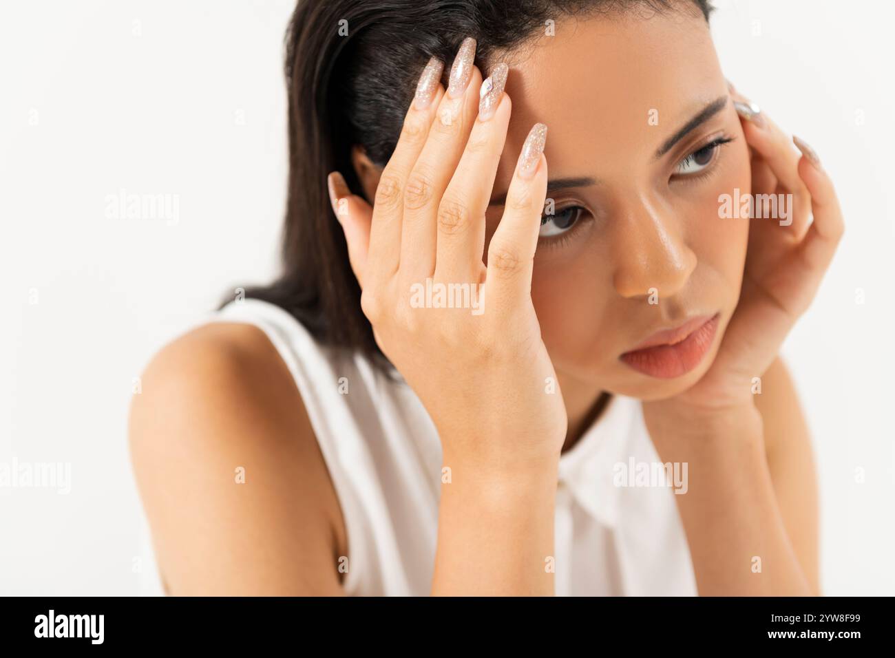 Half-woman with a melancholy look on her face Stock Photo - Alamy