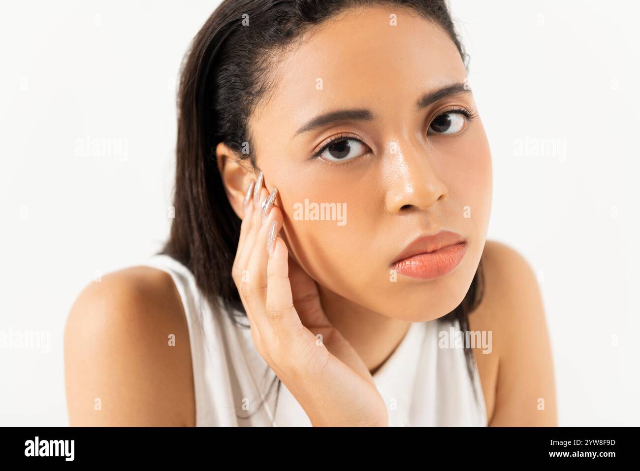 Half-woman with a melancholy look on her face Stock Photo - Alamy
