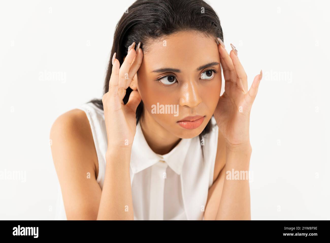 Half-woman with a melancholy look on her face Stock Photo - Alamy