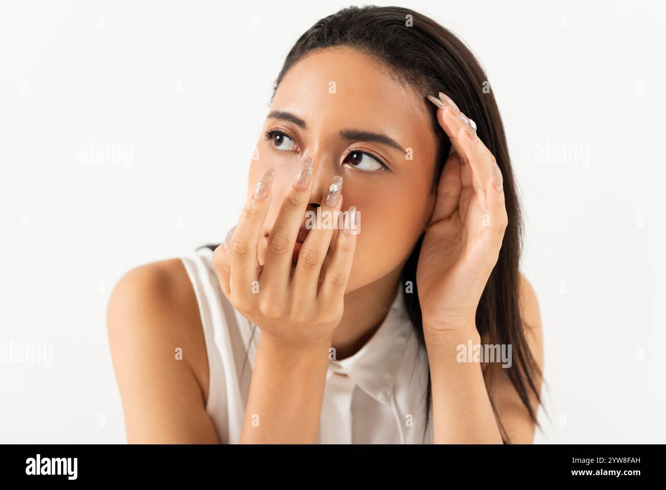 Half-woman with a melancholy look on her face Stock Photo - Alamy