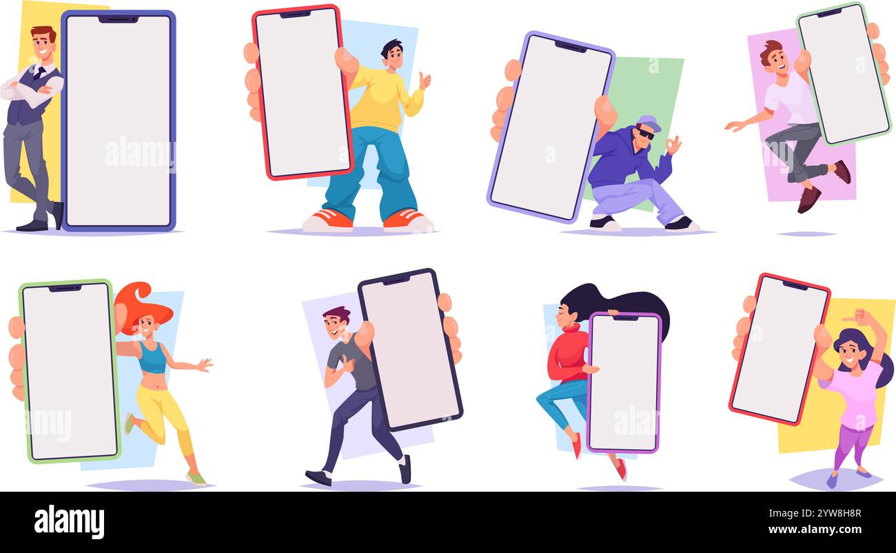 People with phone. Stylized characters talking or holding smartphones ...