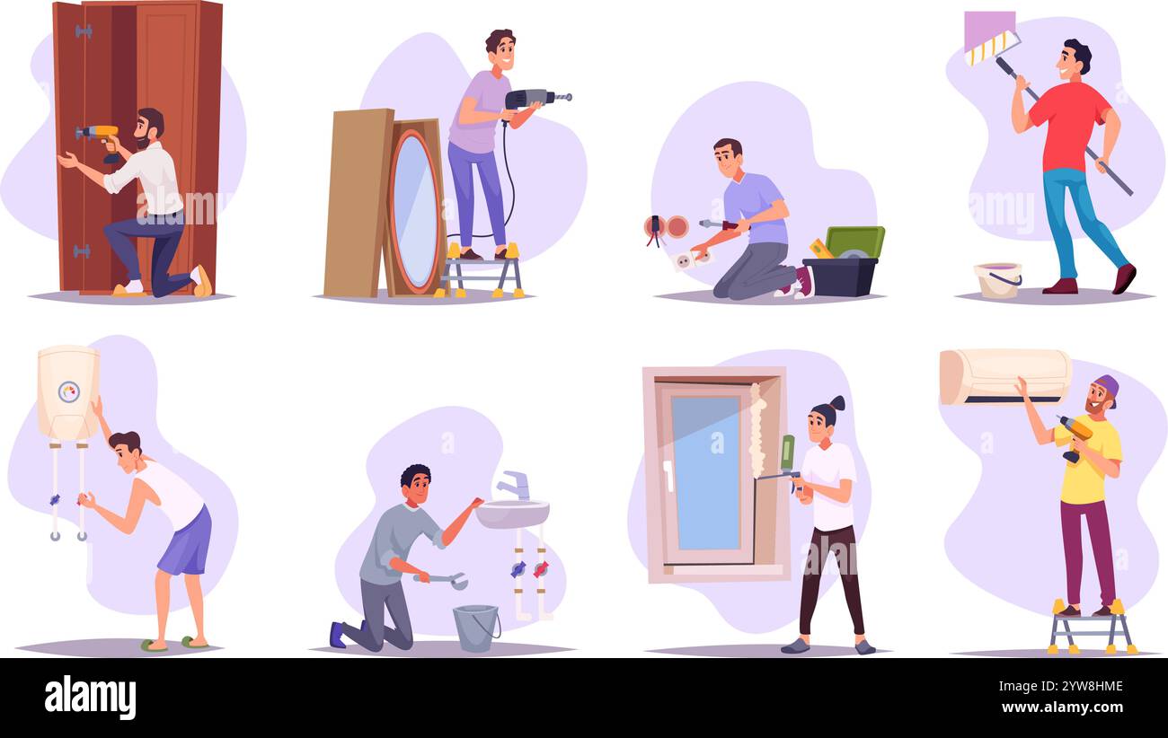 Home workers. Maintenance and renovation services builders fixing old ...