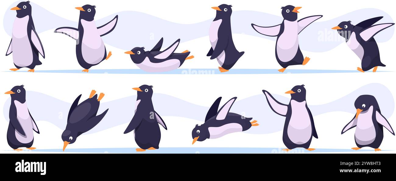 Penguins. Polar arctic birds in funny poses exact vector wild animals ...