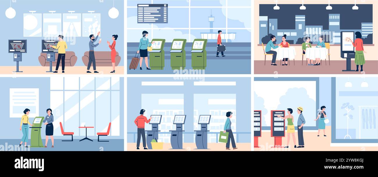 People and self service terminals. Person use terminal in cinema ...