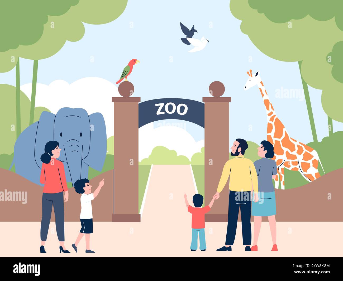 Zoo entrance. Parents with children go to animal park. Visitors on ...