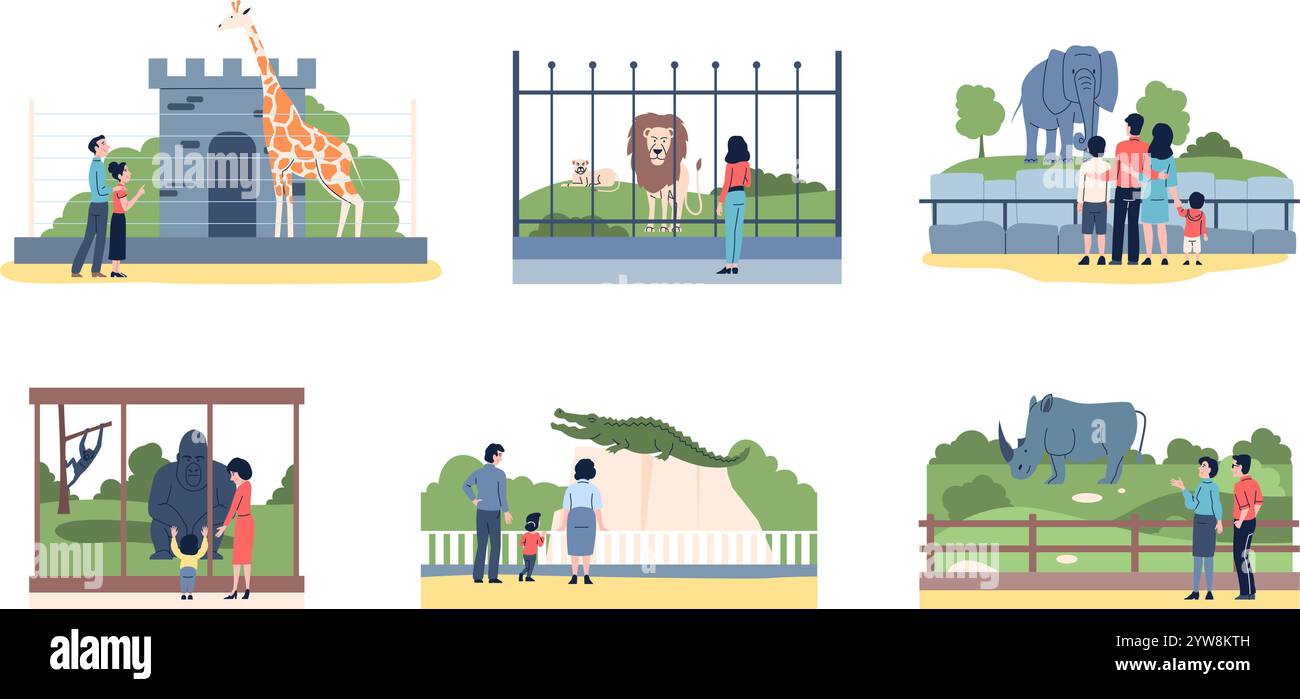 People in zoo. Animal park scenes, family and couples, adults children ...