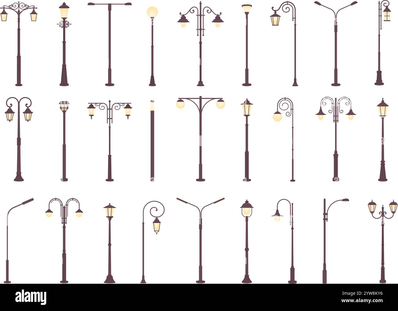 Urban street lamps. Outdoor urban lights elements, retro modern light ...