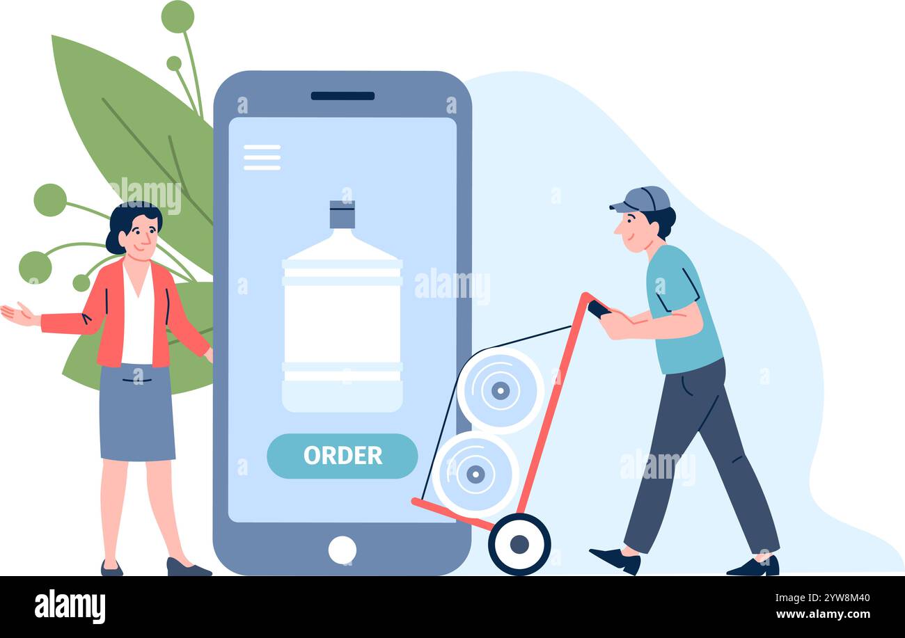 Online water delivery order. Courier transported big plastic bottles ...