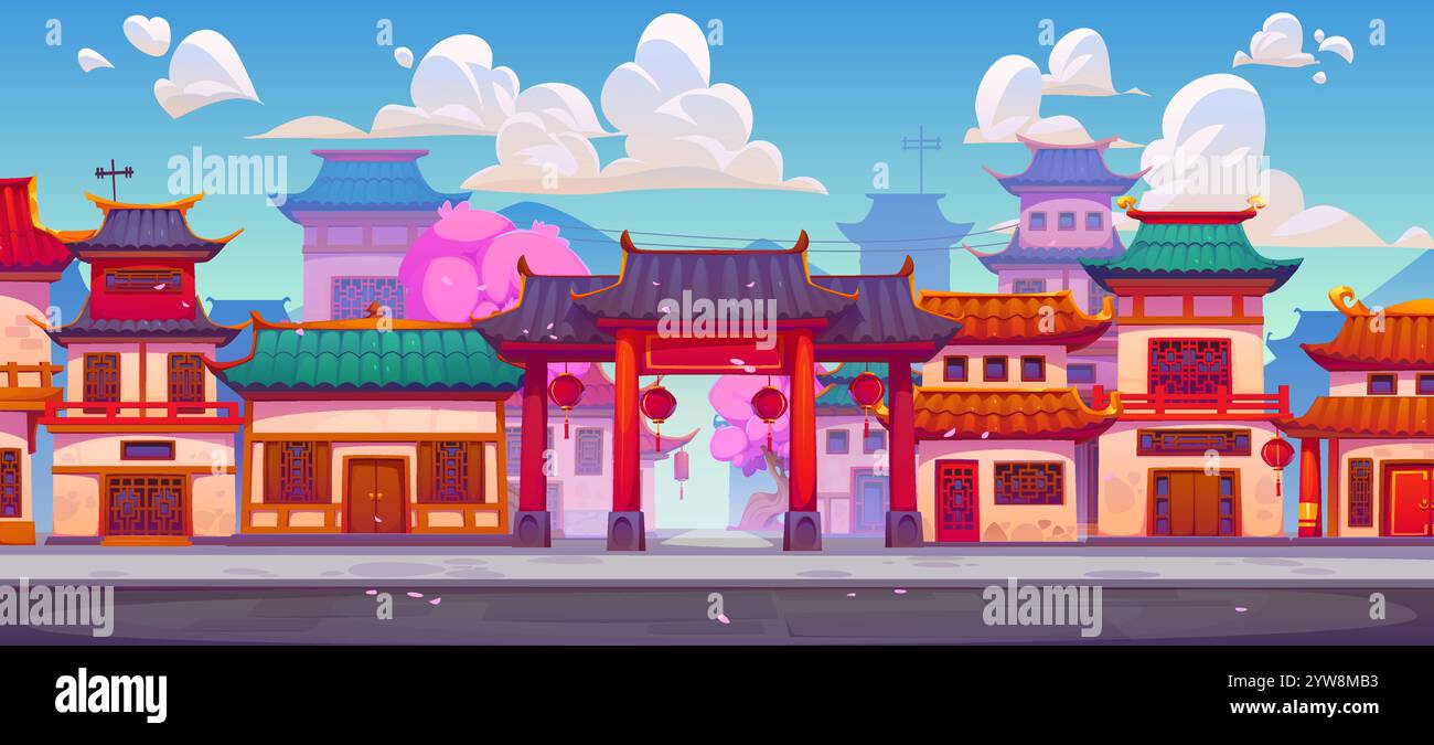 China town landscape. Cartoon vector Chinatown street featuring ...