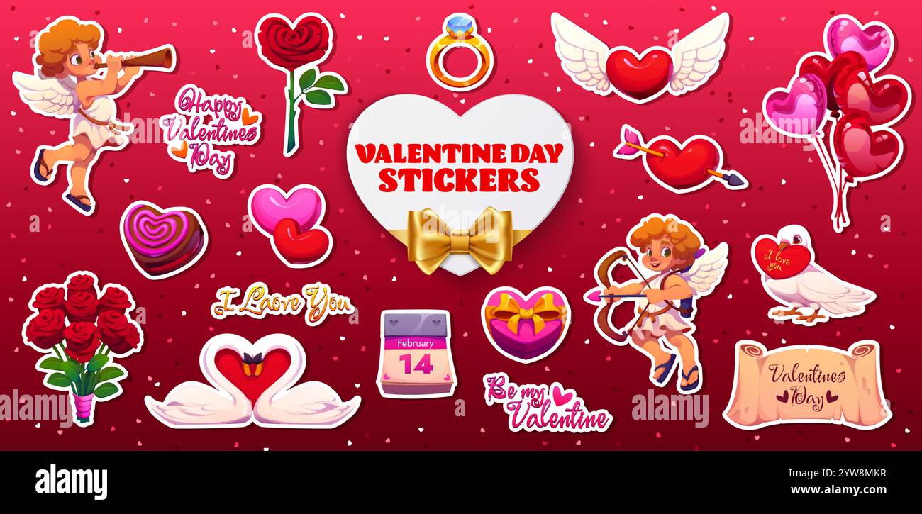 Stickers pack of valentine day cherubs, angels and love icons. Cartoon ...