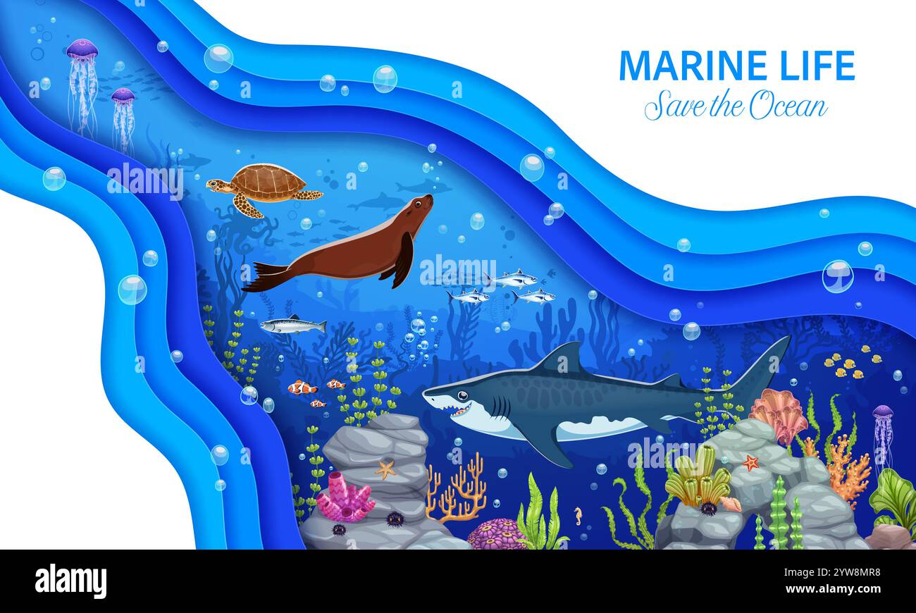 Paper cut ocean waves and sea underwater animals with fishes, cartoon ...