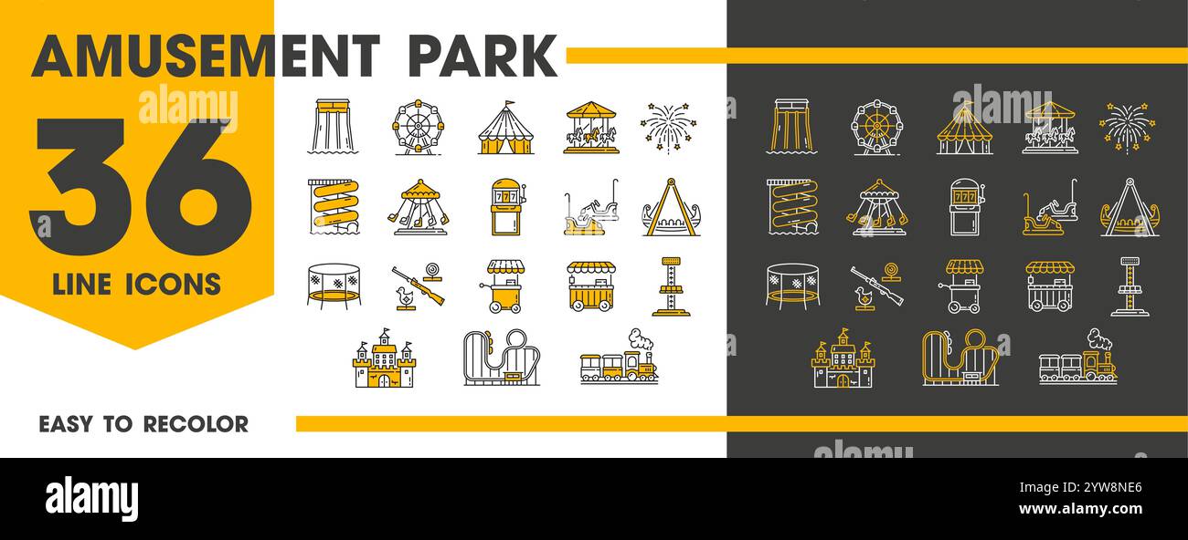 Amusement park line icons, funfair rides and rollercoaster carousels ... Amusement park line icons, funfair rides and rollercoaster carousels ...
