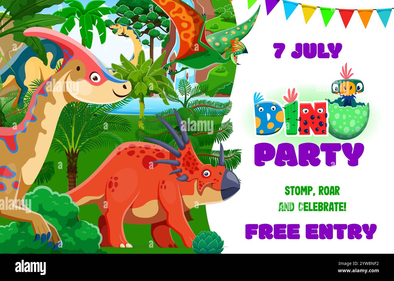 Kids dino party flyer with cartoon funny prehistoric dinosaurs and ...