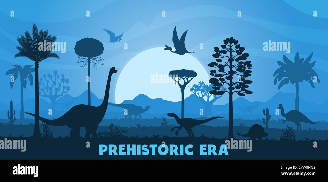 Prehistoric era sunset landscape with dinosaurs silhouettes. Jurassic ...