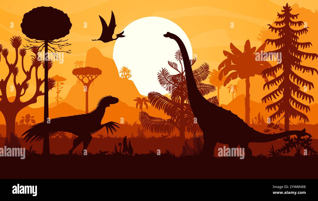 Giant prehistoric dinosaurs silhouettes vector background with trees ...