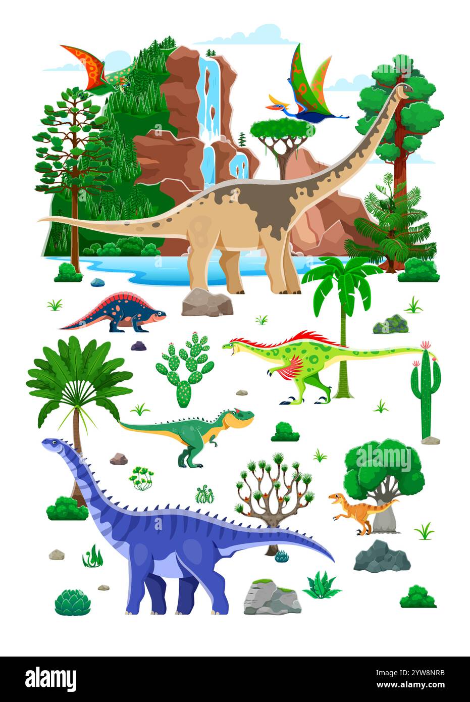 Prehistoric dinosaur characters set in lush landscape with waterfalls ...