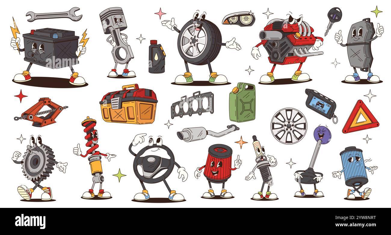 Retro cartoon groovy car spare part and tool characters, vector funky ...