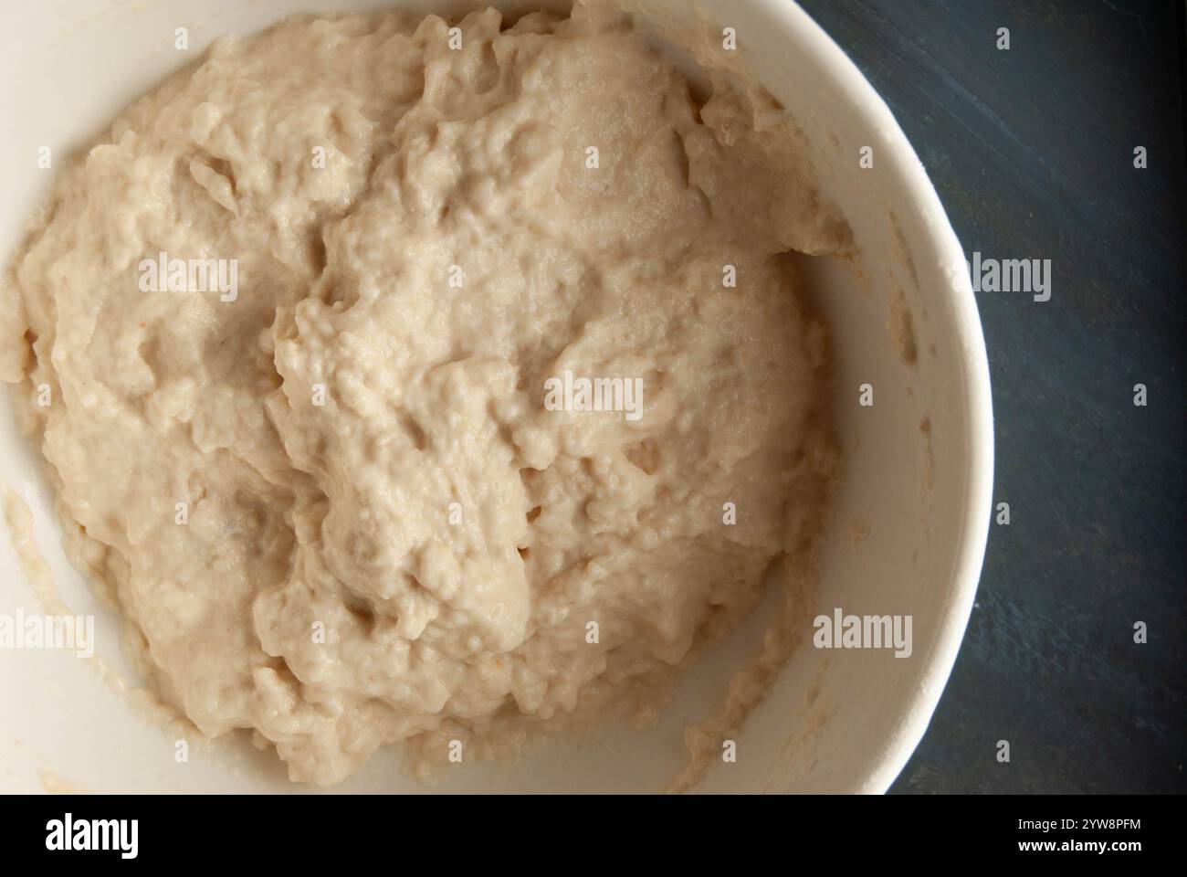 A rustic bowl of freshly prepared sourdough, with its texture showing ...