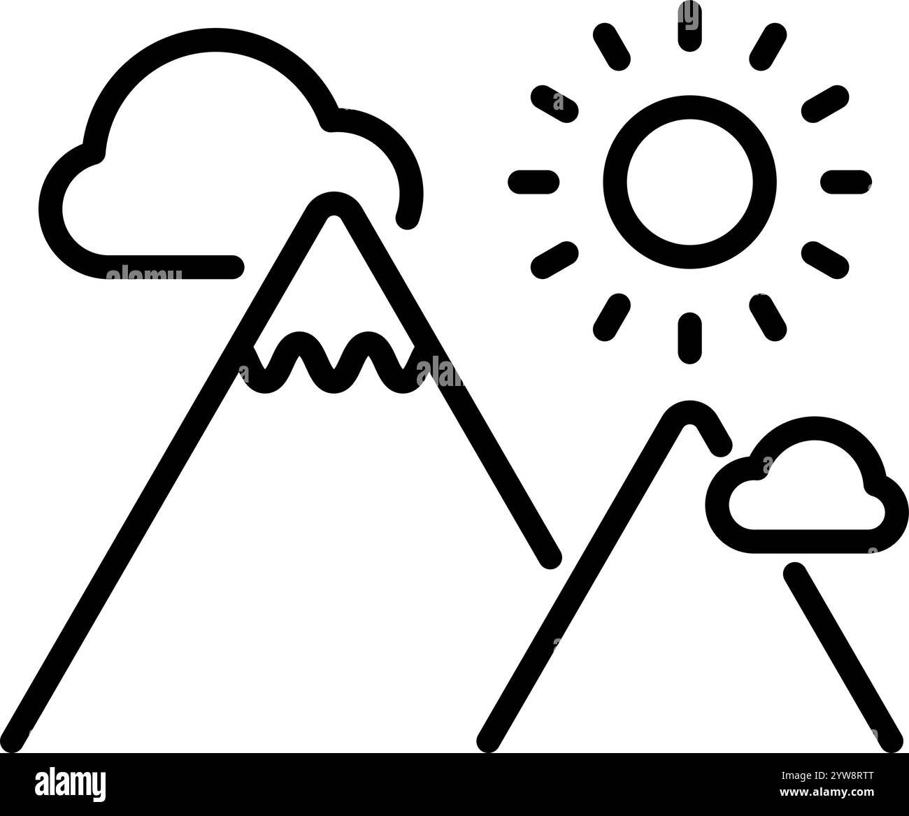 Mountains line icon. Mount peaks with sun and clouds outline vector ...