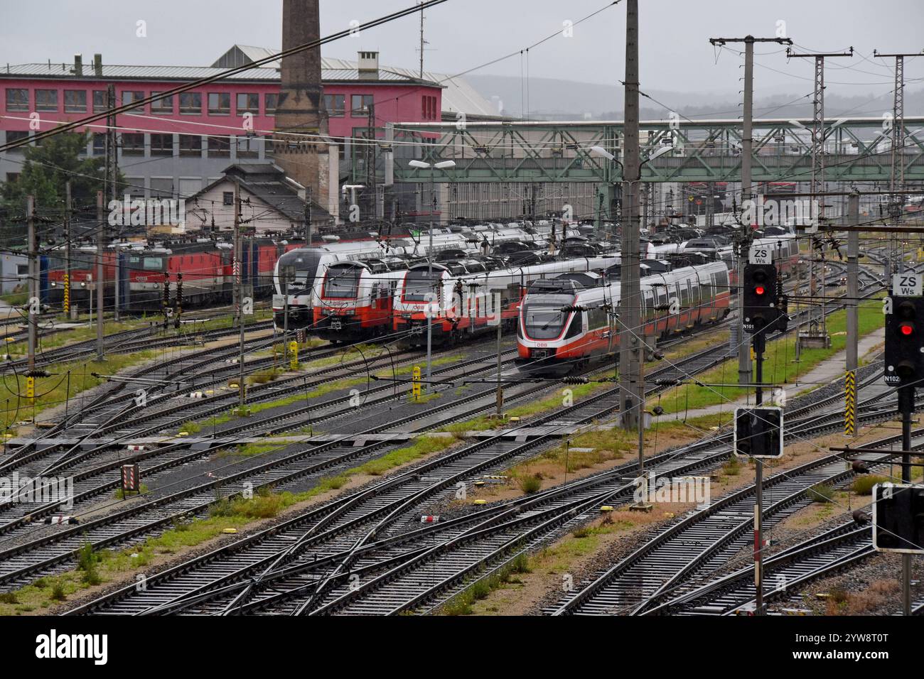 Electric commuter trains in storage sidings at the rail yard at Wien ...