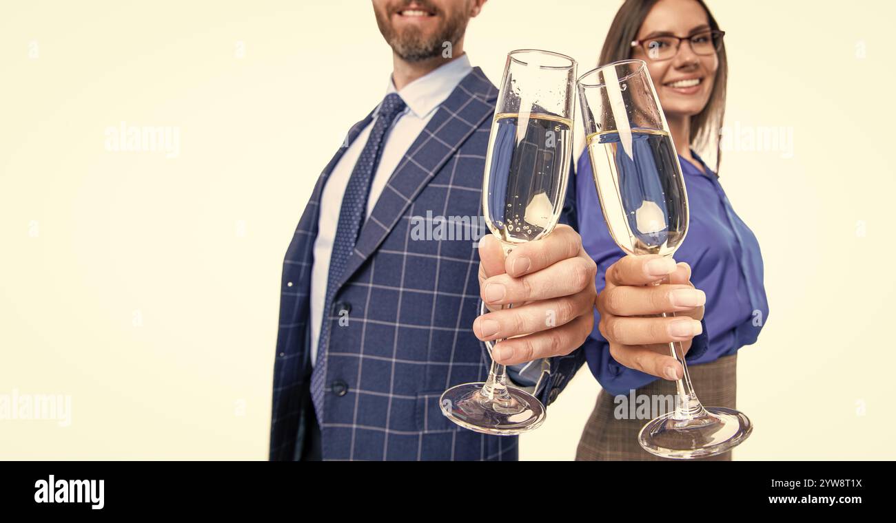 Corporate anniversary. Business partners celebrating success cheering ...