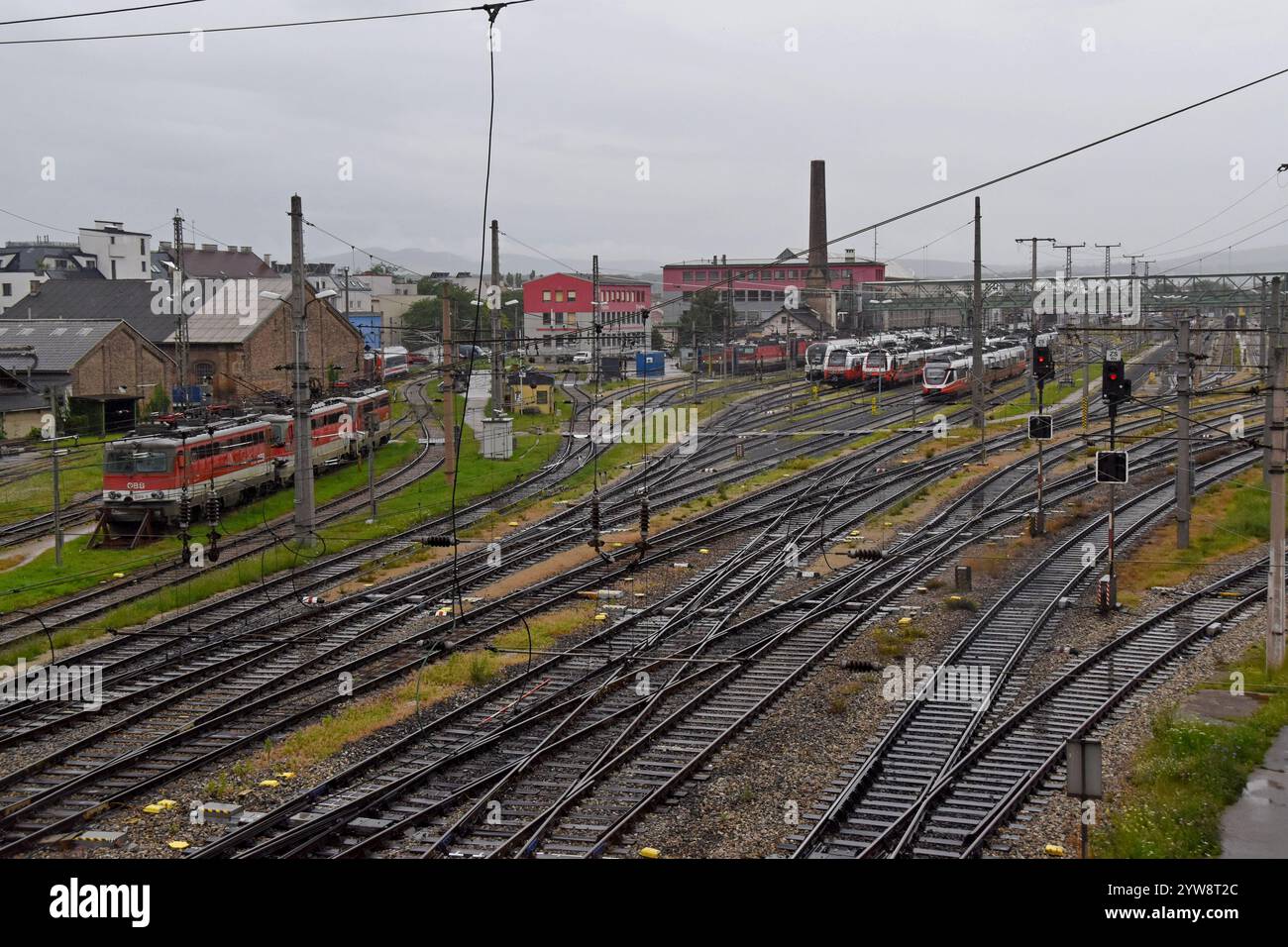 Electric commuter trains in storage sidings at the rail yard at Wien ...