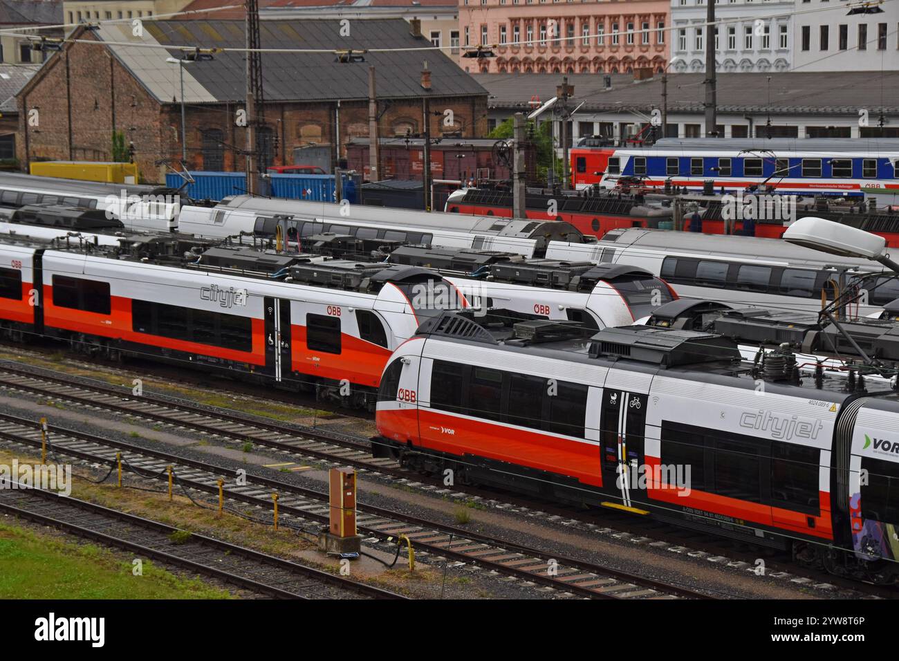 Electric commuter trains in storage sidings at the rail yard at Wien ...