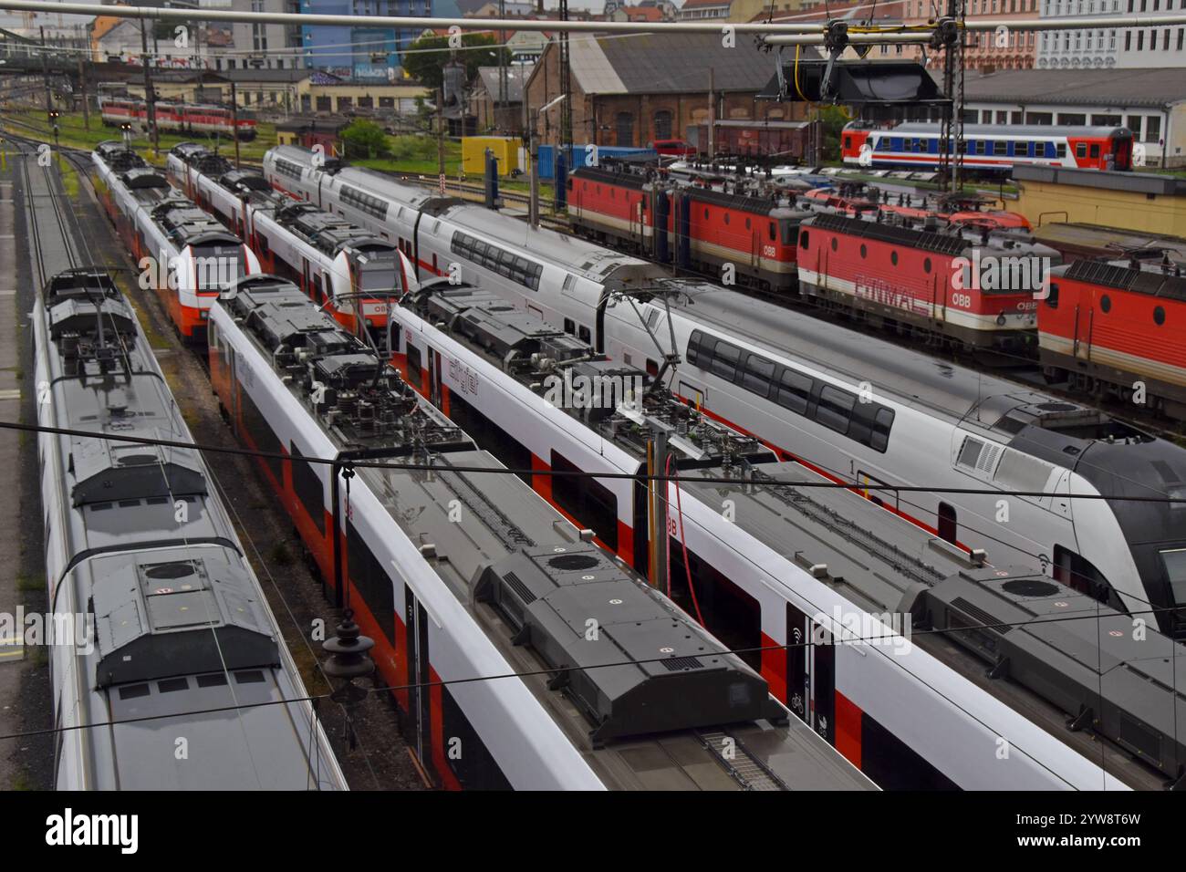 Electric commuter trains in storage sidings at the rail yard at Wien ...