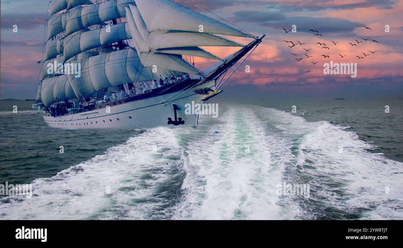 A Majestic Sailing Ship Gracefully Gliding Across a Beautiful Sunset ...