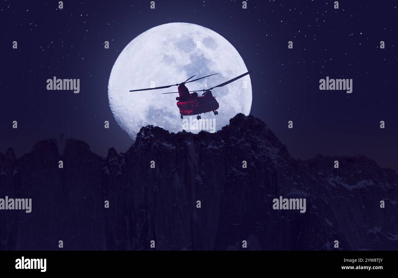 A helicopter is gracefully flying over majestic mountains illuminated ...