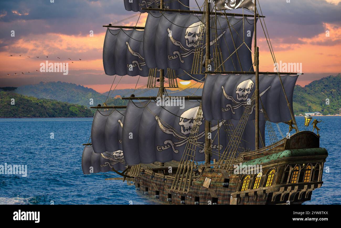 A Majestic Pirate Ship is Sailing Beautifully at Sunset with Glorious ...