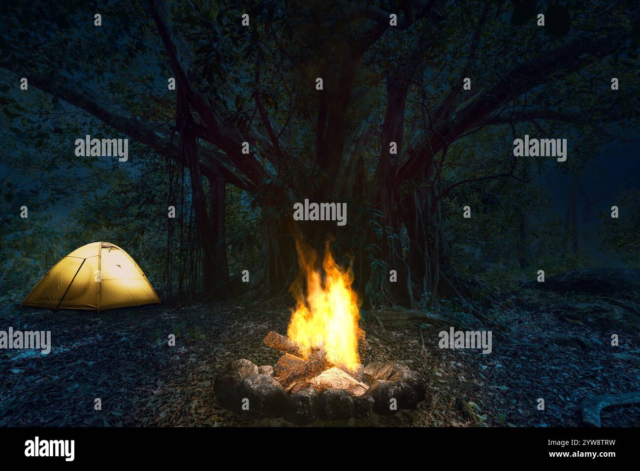 A serene camping scene with a warm fire flickering under a beautiful ...