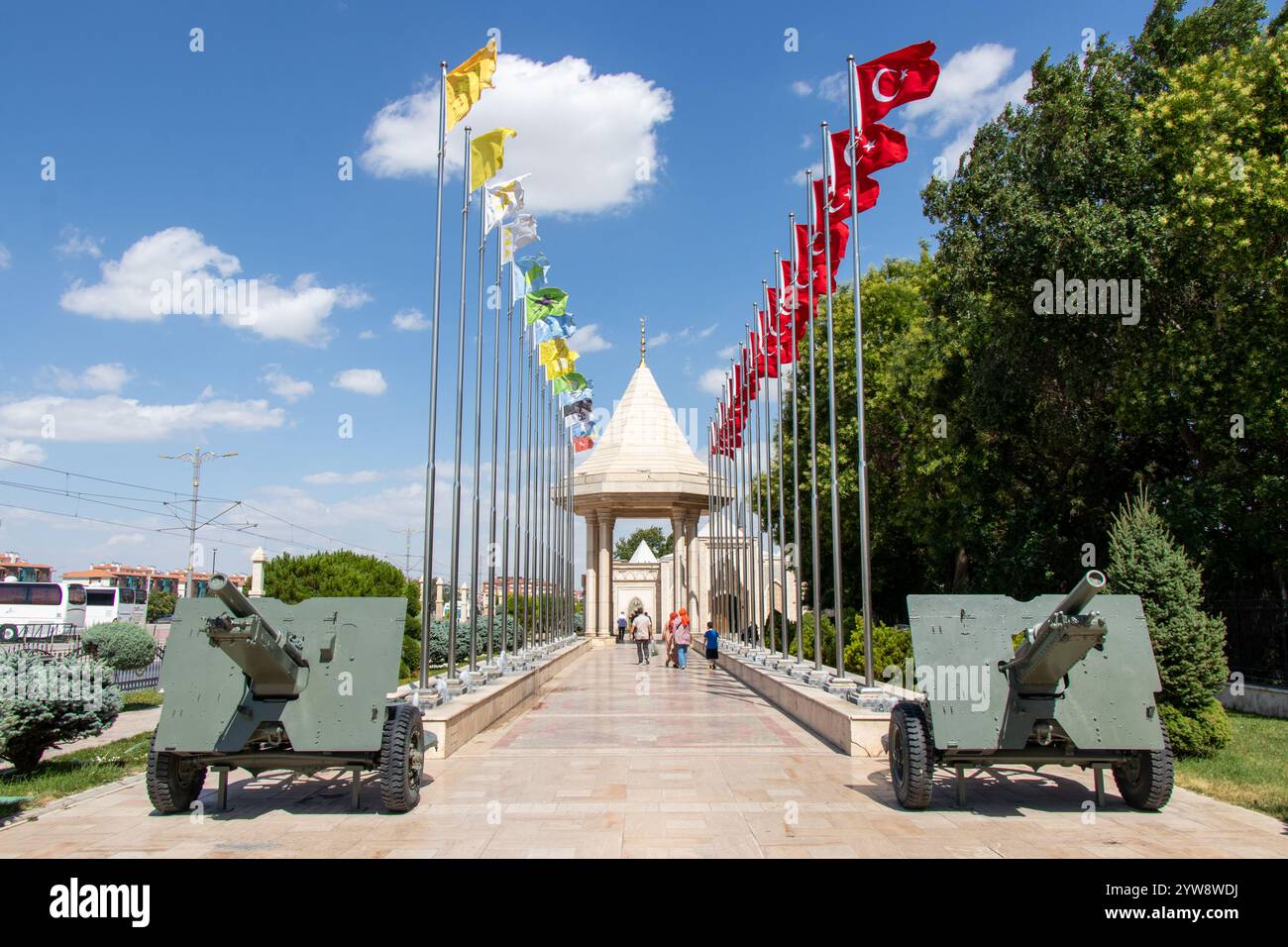 Martyrs square of Konya - Turkey: 7 July, 2024. Modern Turkish flags ...