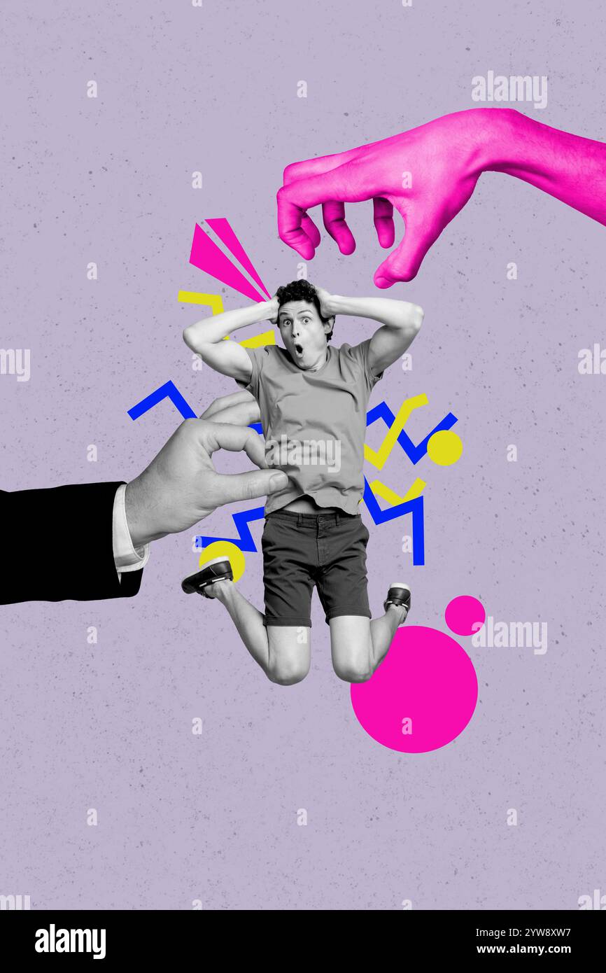Vertical creative art collage of scared man jump hold hands bullying ...