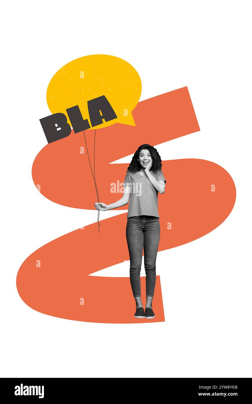 Vertical photo collage young excited woman bla textbox message reply ...