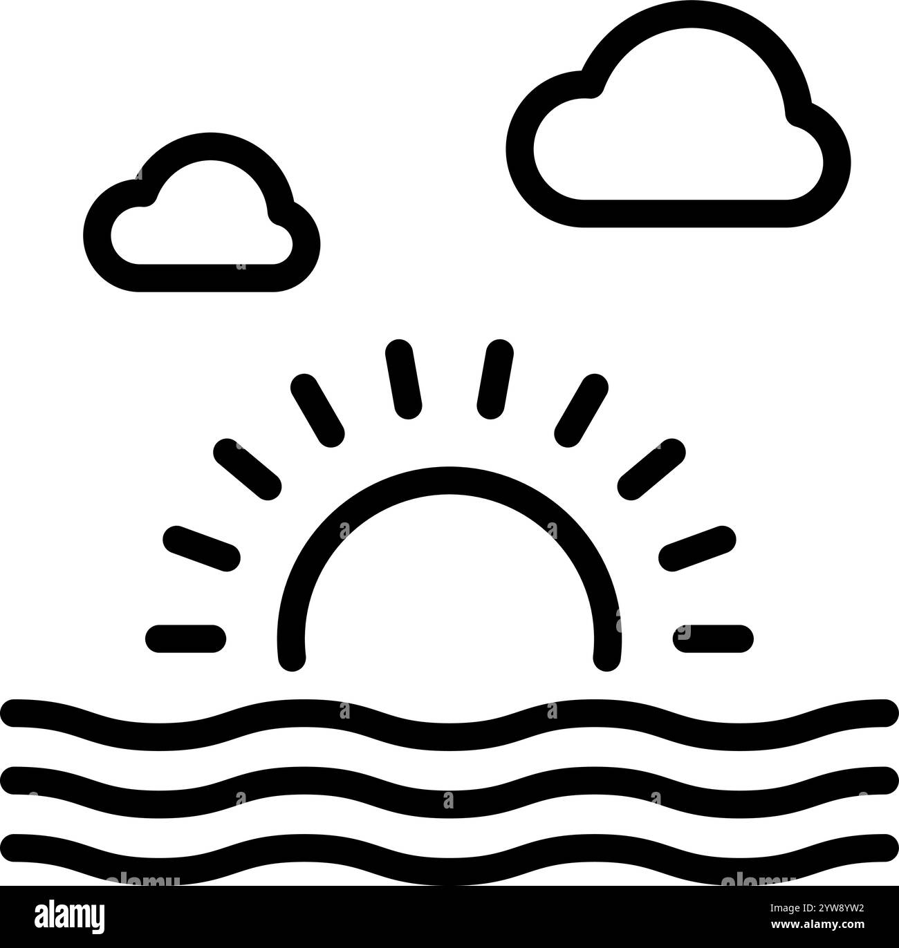 Ocean sunset line icon. Water waves, sun and clouds outline vector sign ...