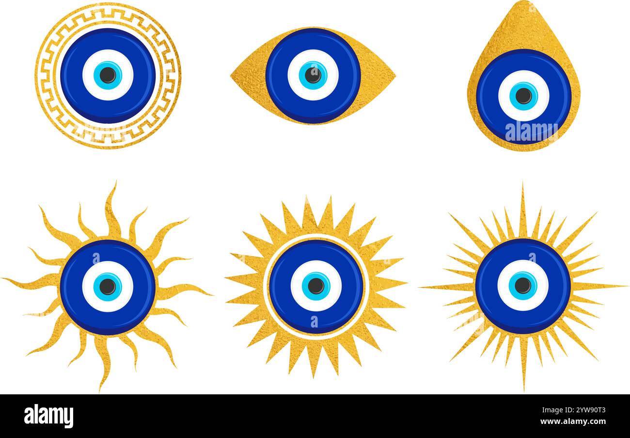 Evil eye blue Turkish symbol set. Magic nazar bead. Greece and Turkish ...