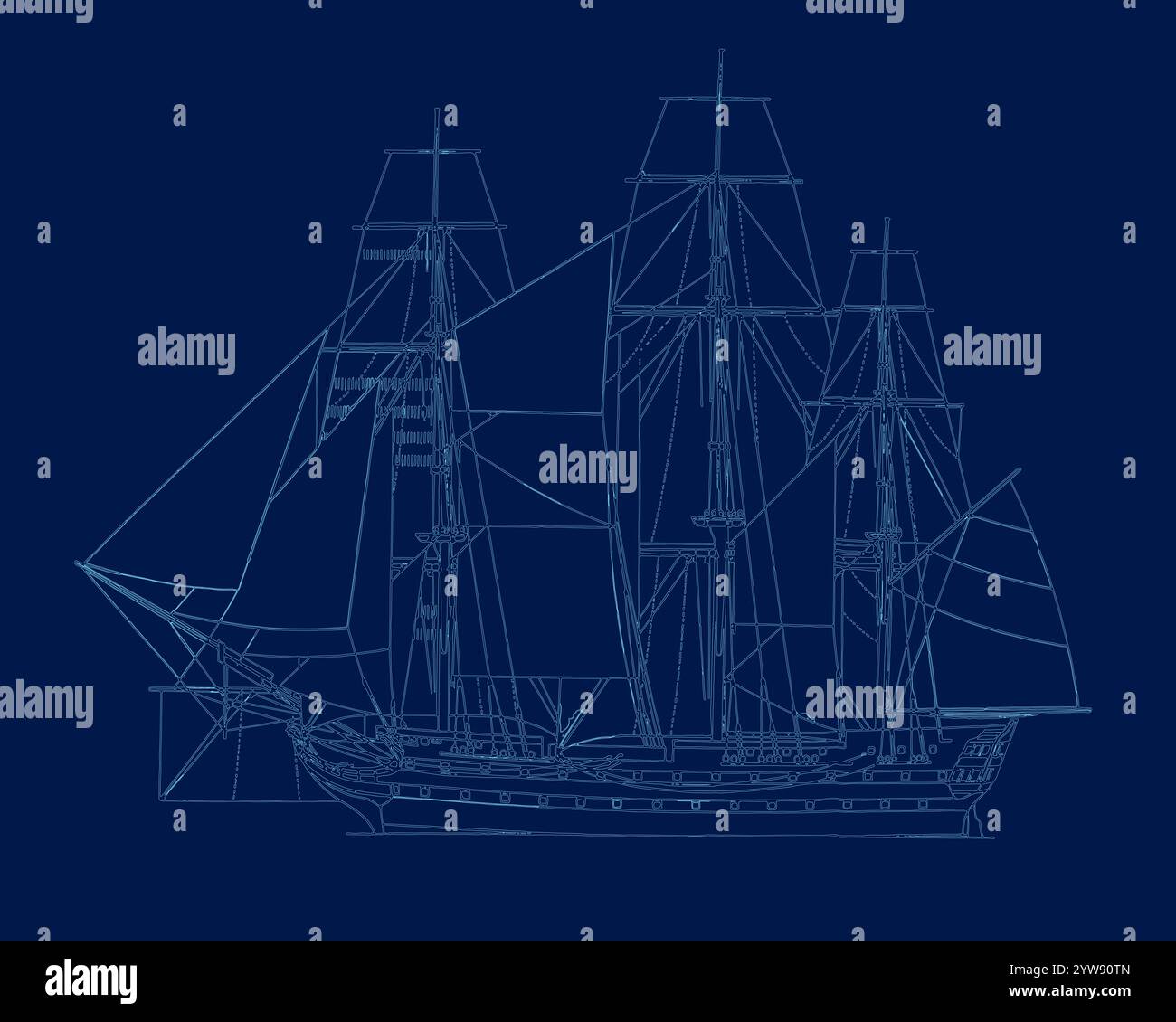 Brigantine sail ship from blue outlines. Vector illustration. Side view ...