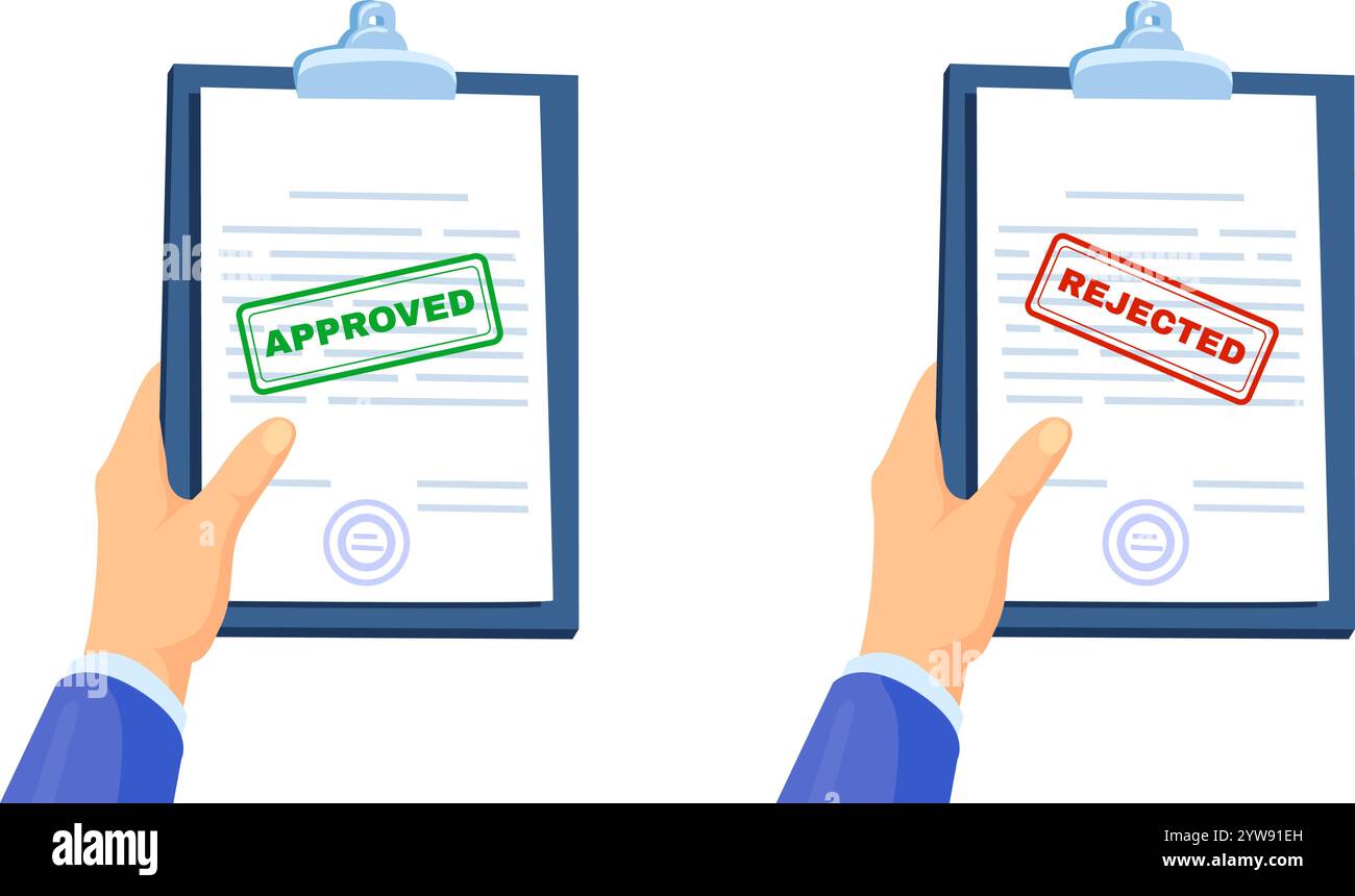 Rejected document. Approved and denied paper page clipboard in hand ...