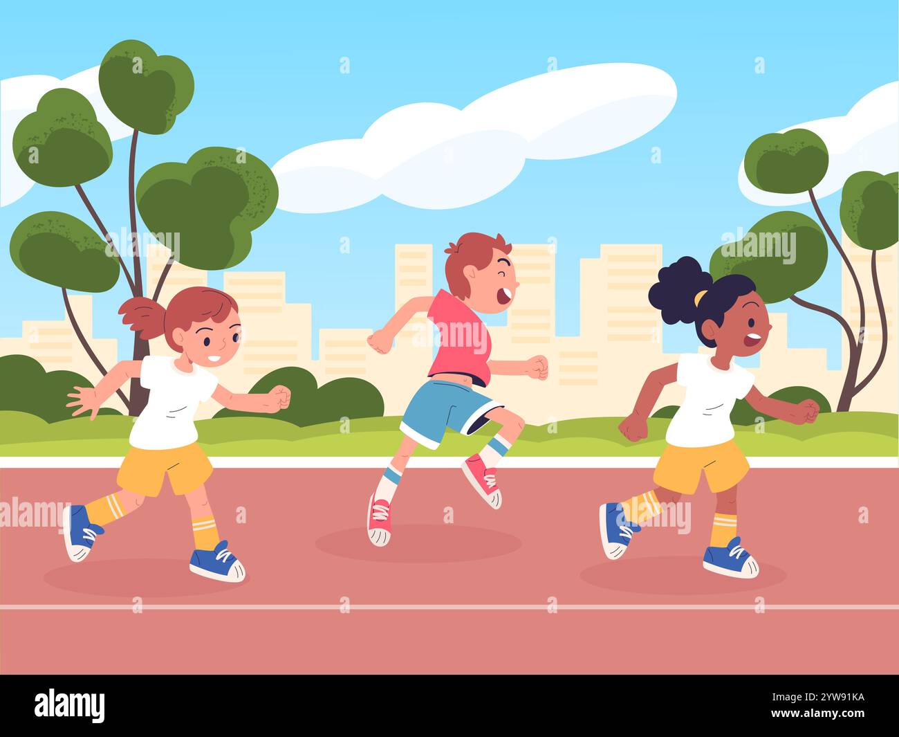 Kids marathon. Cartoon child runners racing sport school competition ...