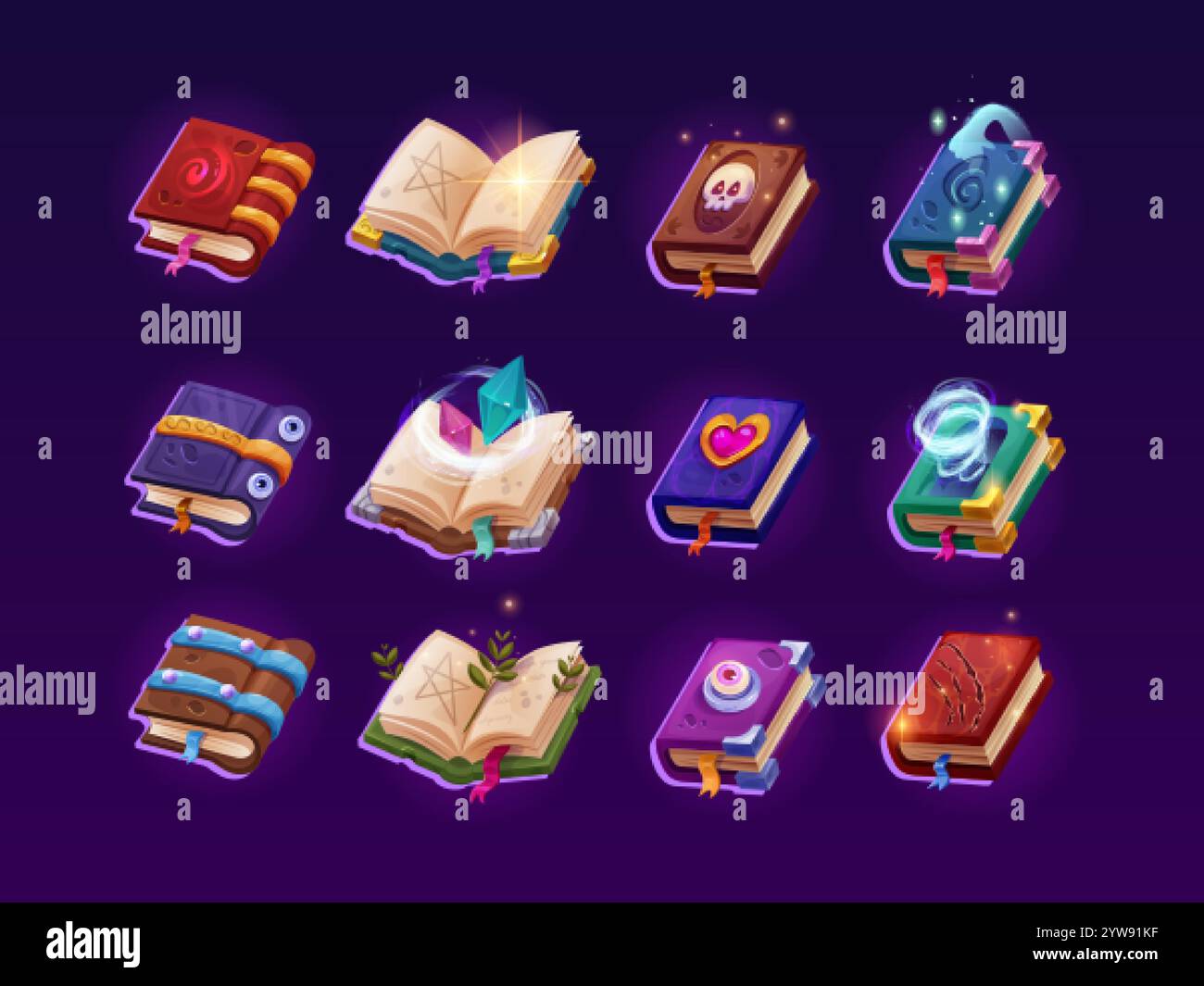 Game spell book. Cartoon magic books fantasy ui glowing icons, wizard ...
