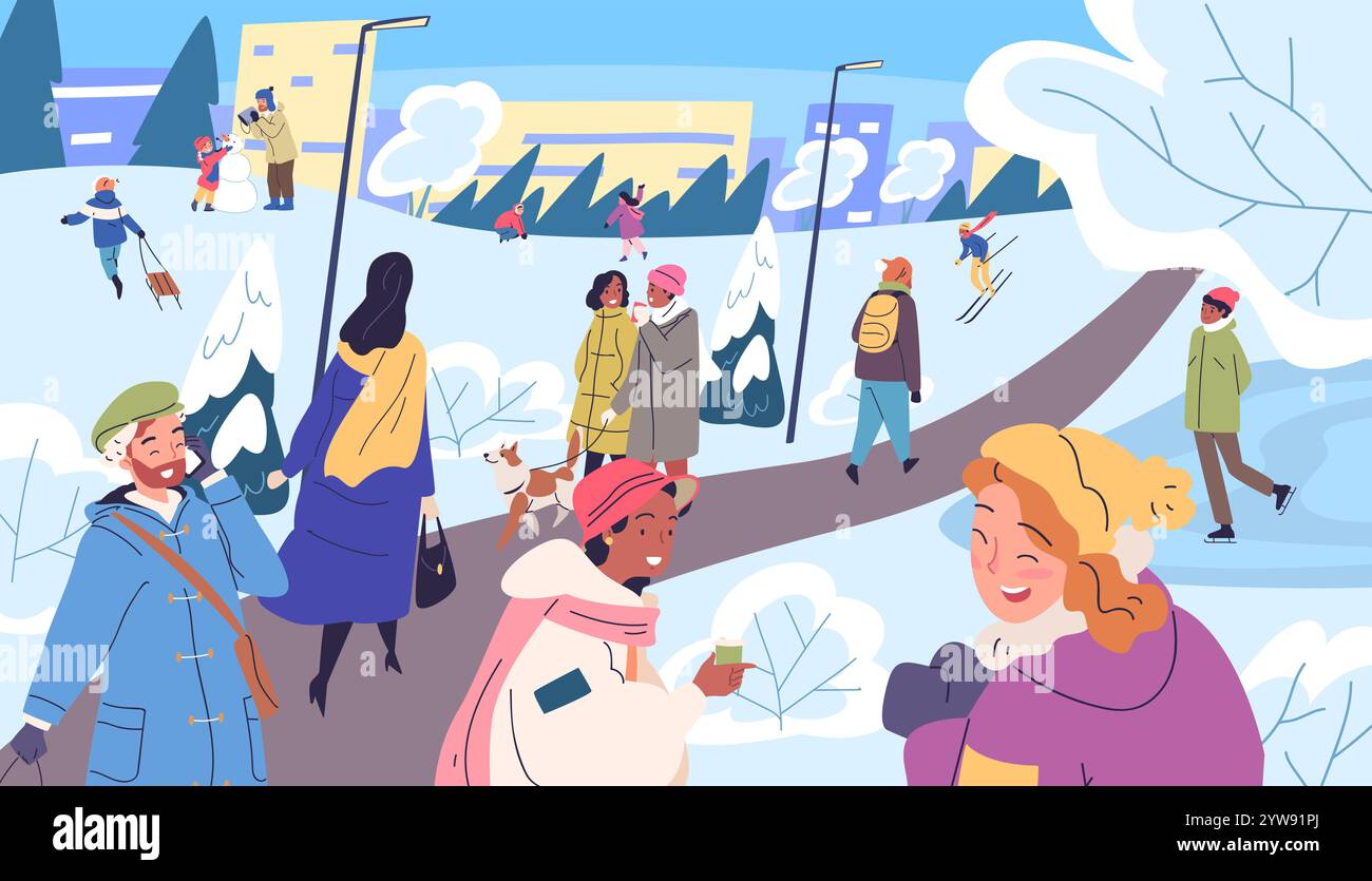 People walking winter park. Family couple walk in snow city park ...